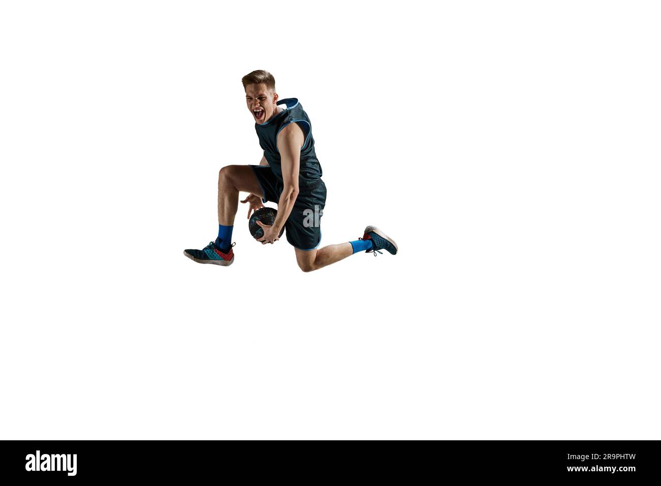Dynamic image of man, basketball player during game, training, jumping ...