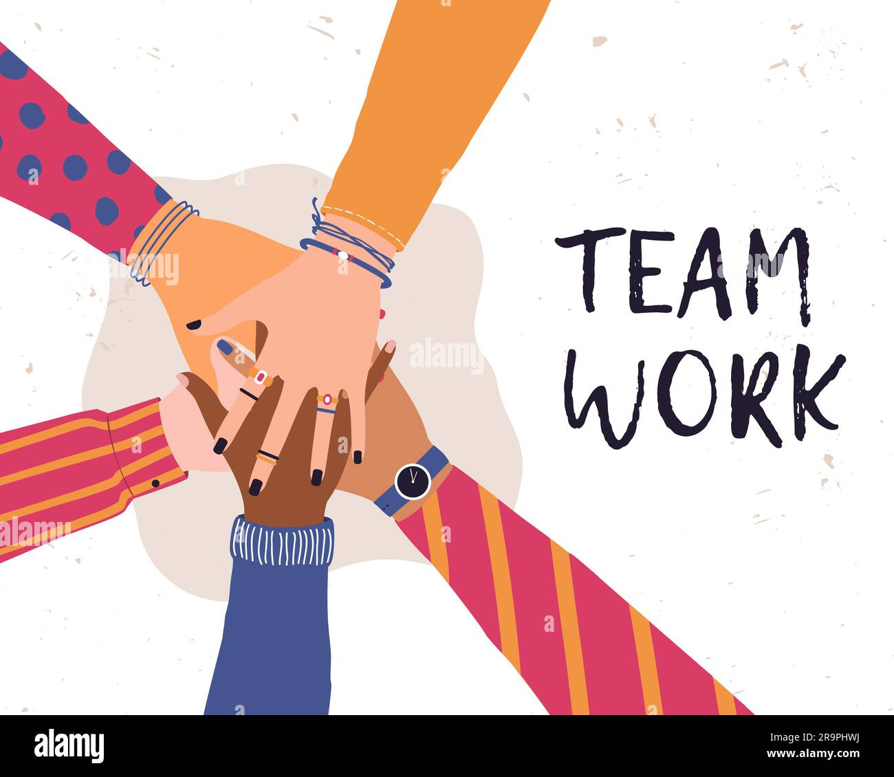 Vector trendy illustration with hands of diverse group of people putting together. Concept of ...