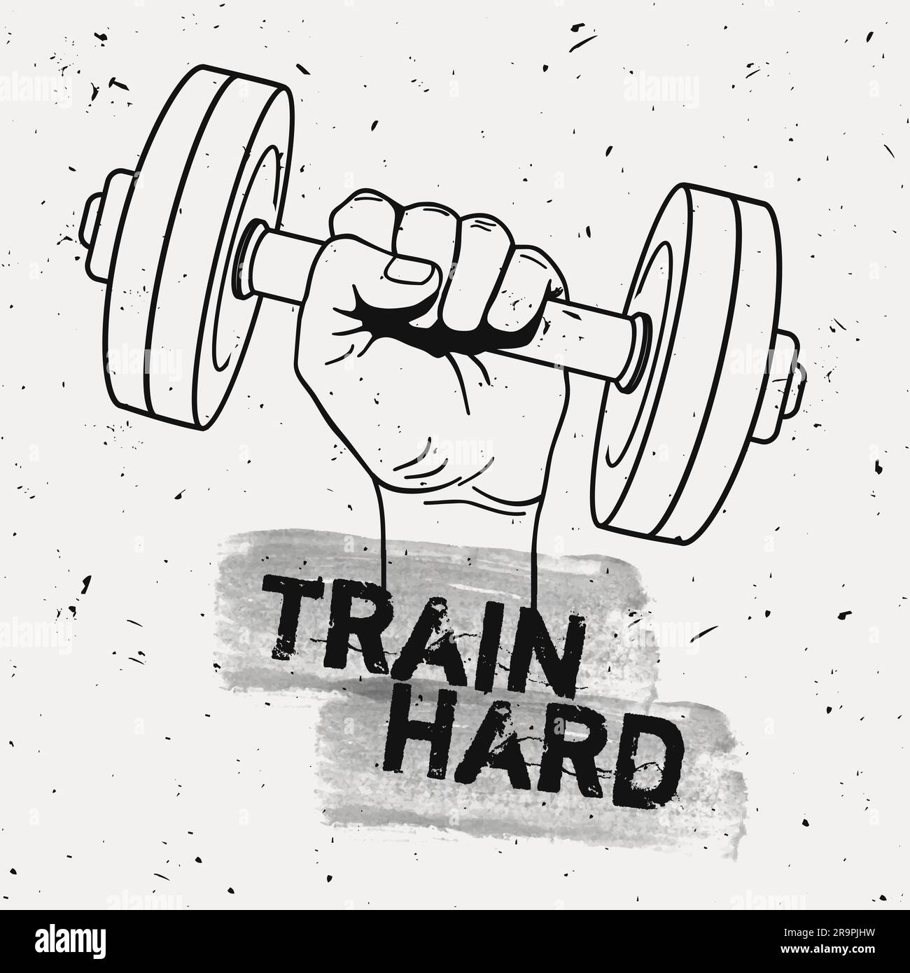 Vector grunge illustration of hand with dumbbell and motivational ...