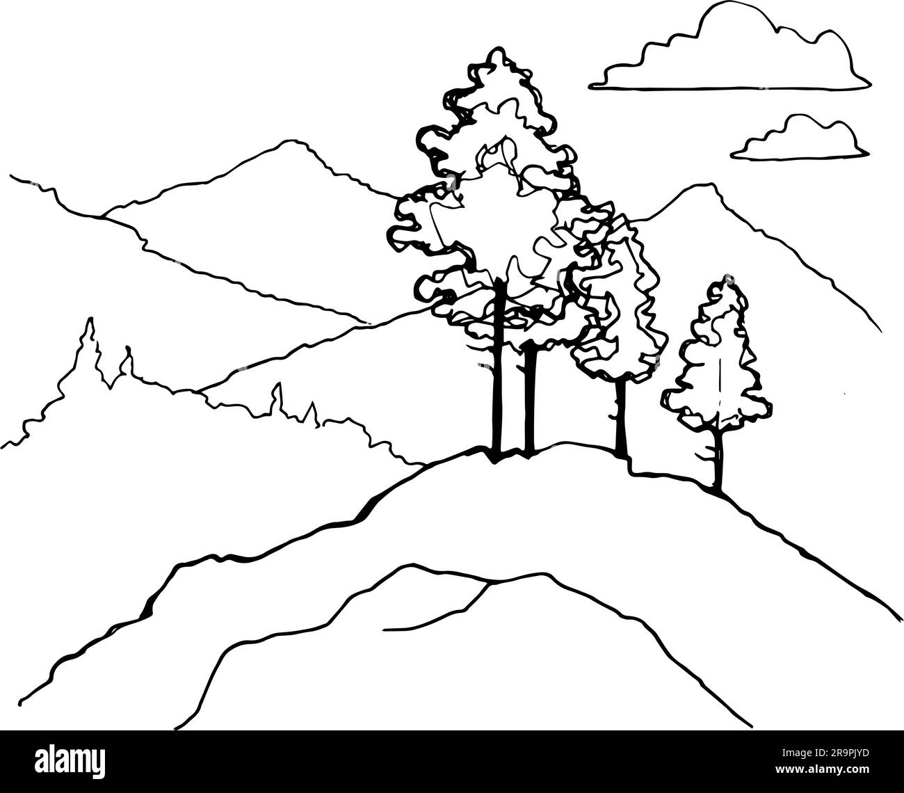 Hand Drawn black and white mountain landscape vector illustration with ...