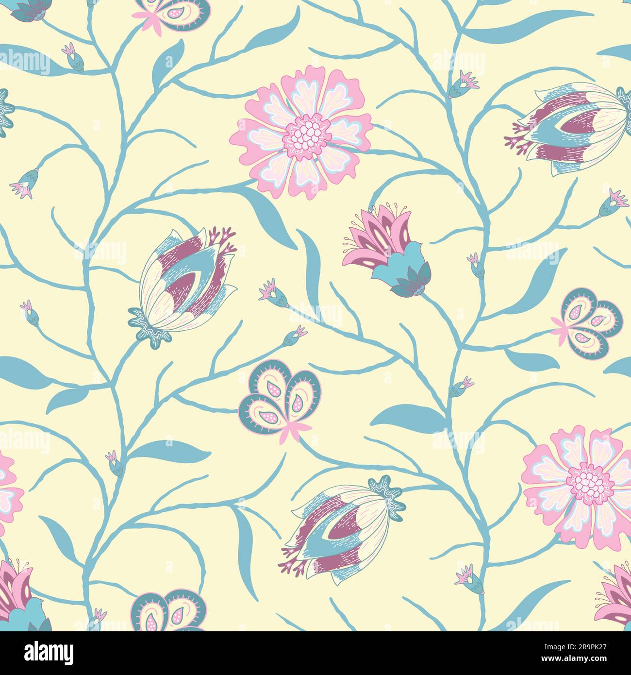Indian style floral pattern with stylised flowers on beige background ...