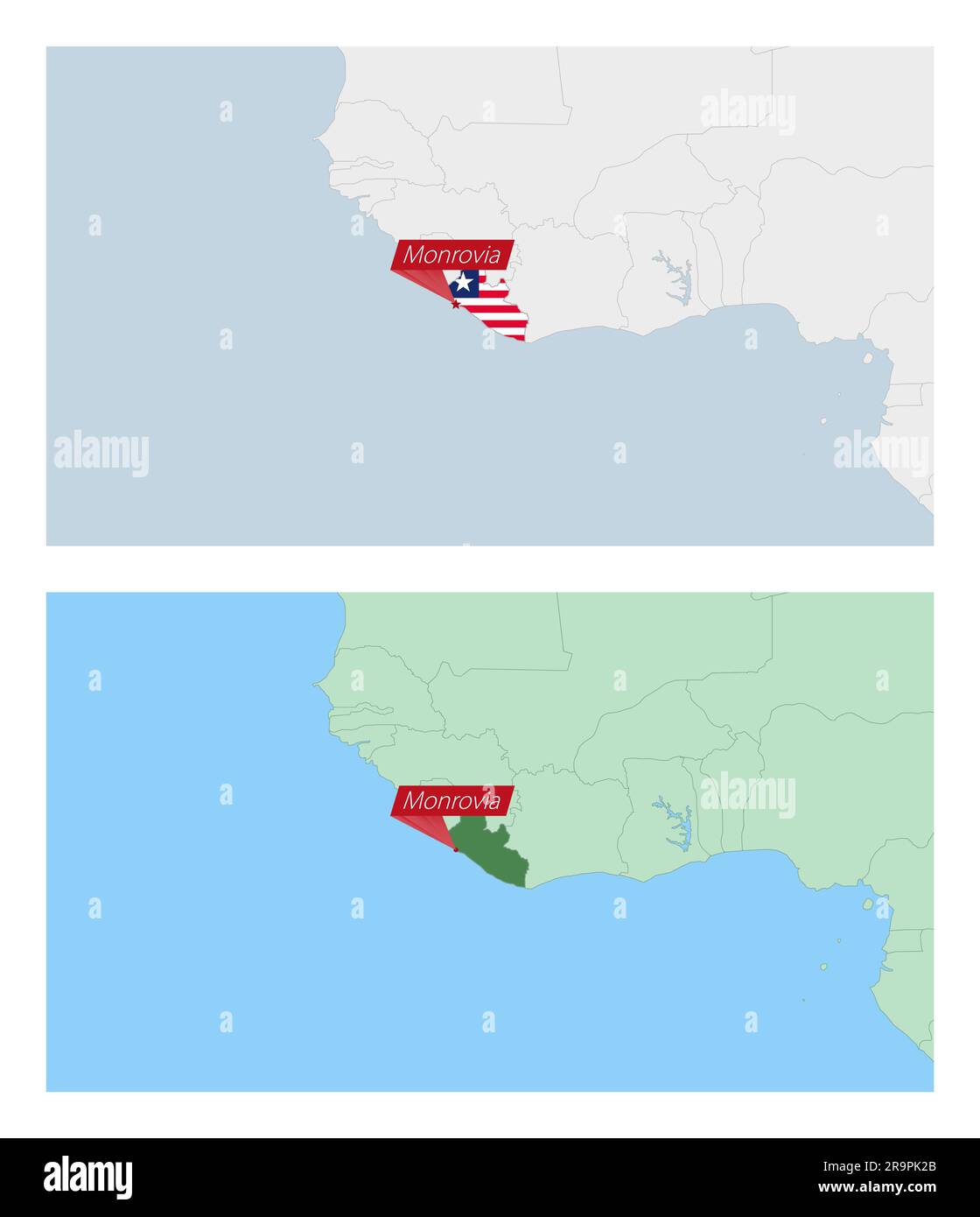 Liberia map with pin of country capital. Two types of Liberia map with ...