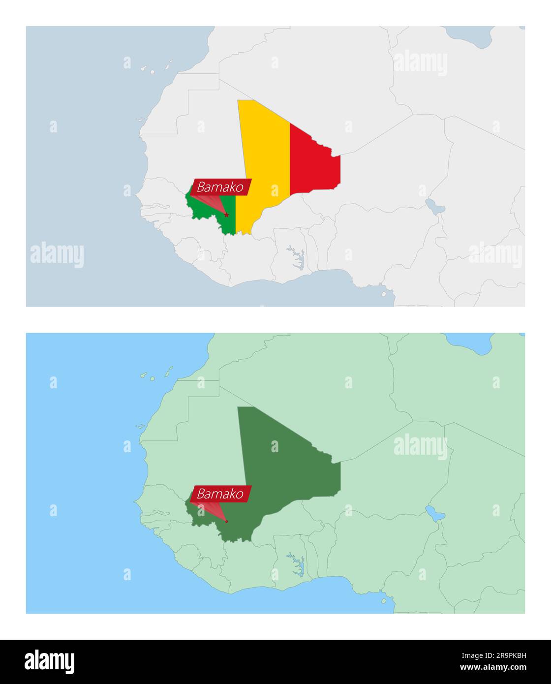 Mali map with pin of country capital. Two types of Mali map with ...