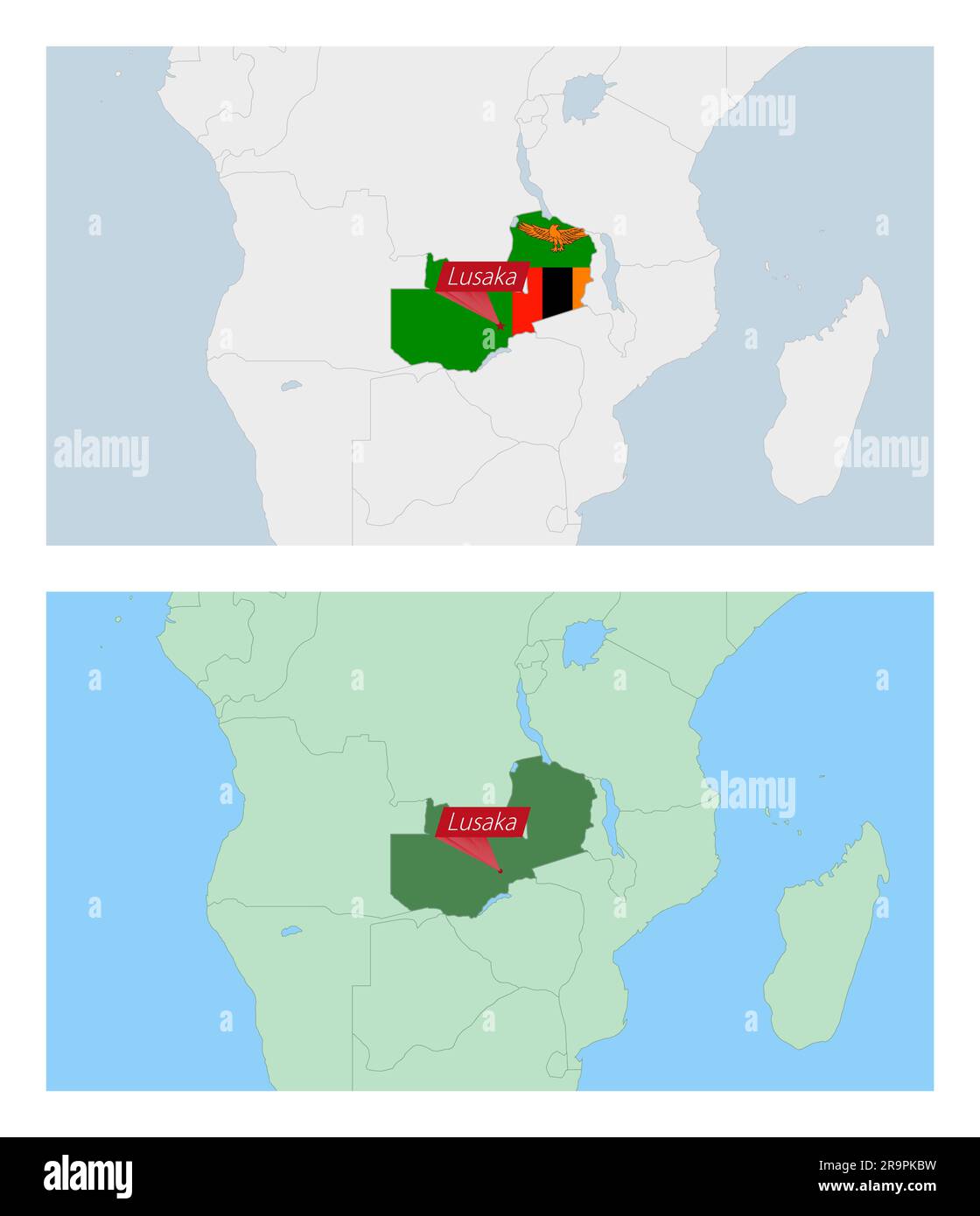 Zambia map with pin of country capital. Two types of Zambia map with ...