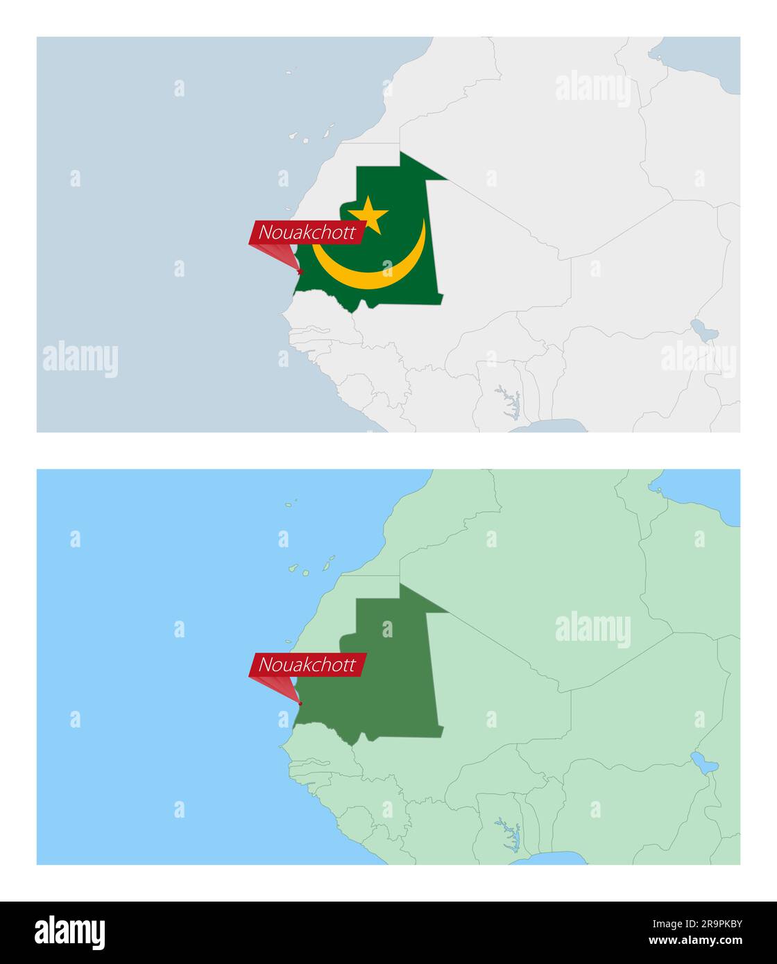 Mauritania map with pin of country capital. Two types of Mauritania map ...