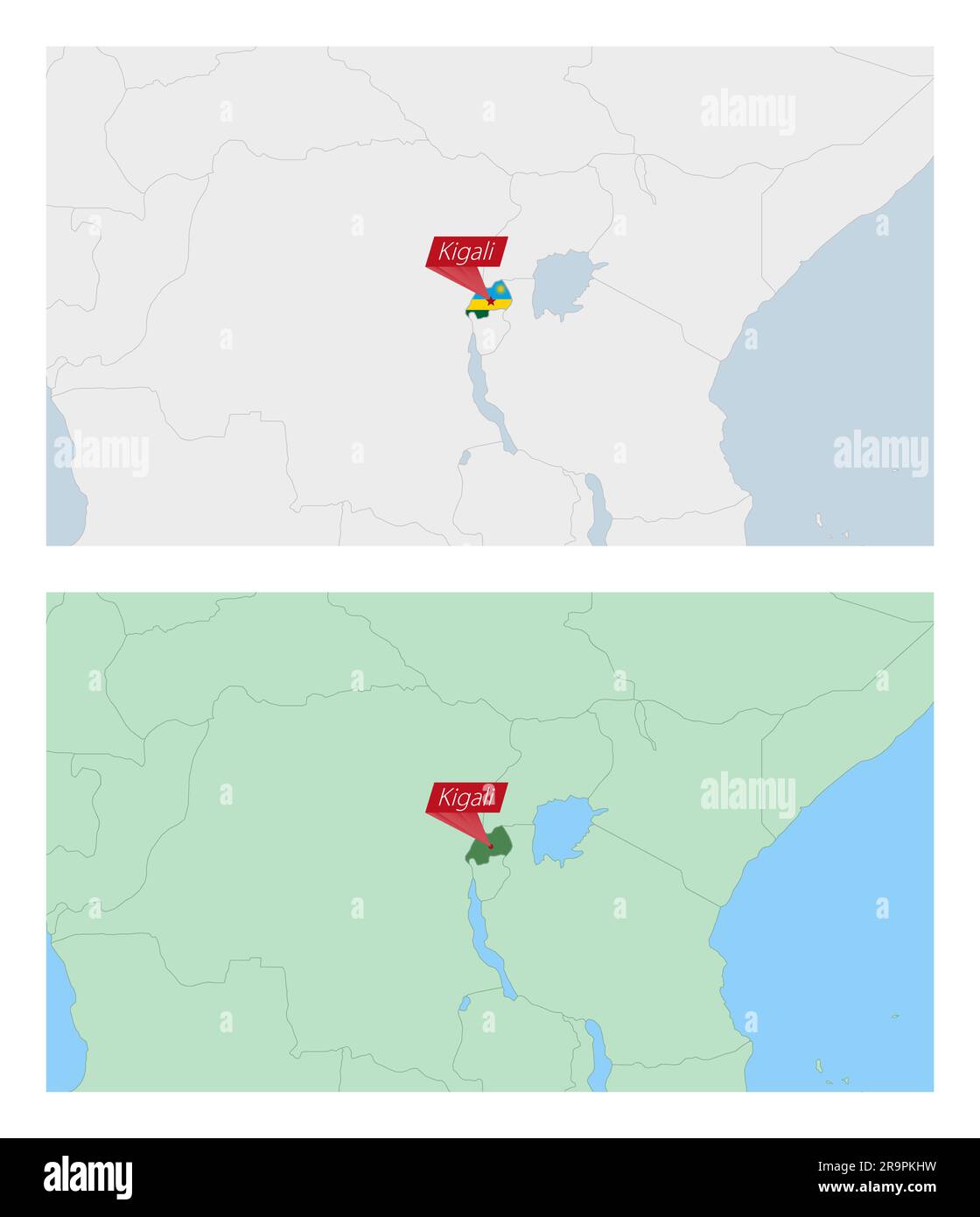 Rwanda map with pin of country capital. Two types of Rwanda map with ...