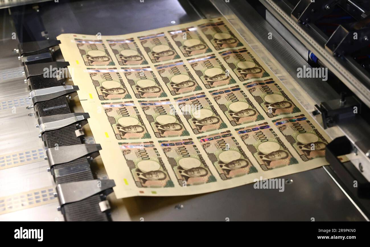 Japanese ten-thousand yen note (sample) is shown to the media at the ...