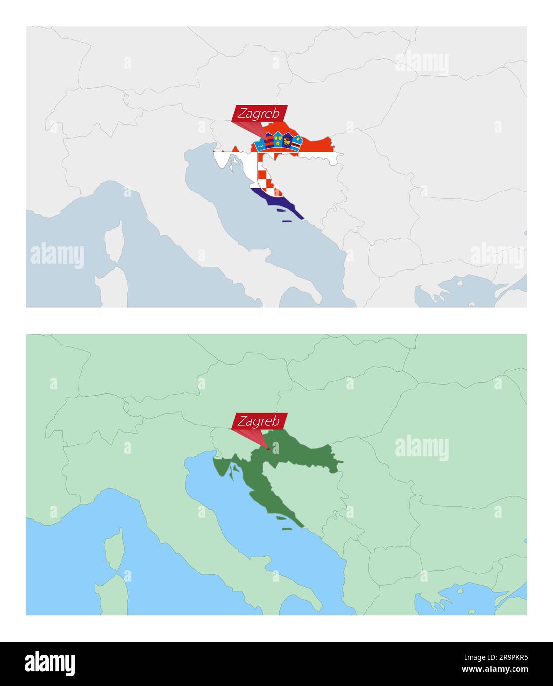 Croatia map with pin of country capital. Two types of Croatia map with ...