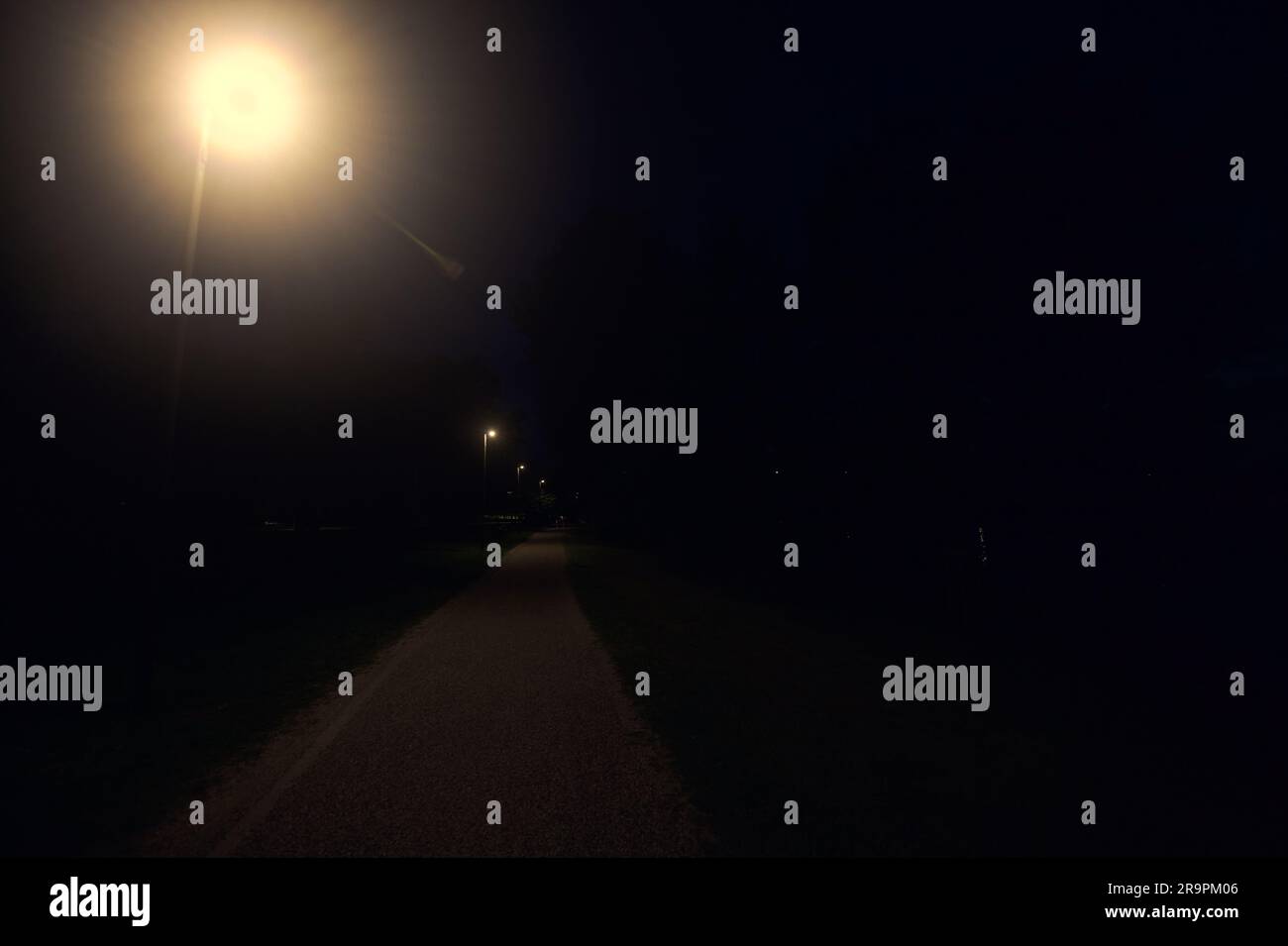 Path in a park with street lamps at night by the lakeshore Stock Photo ...