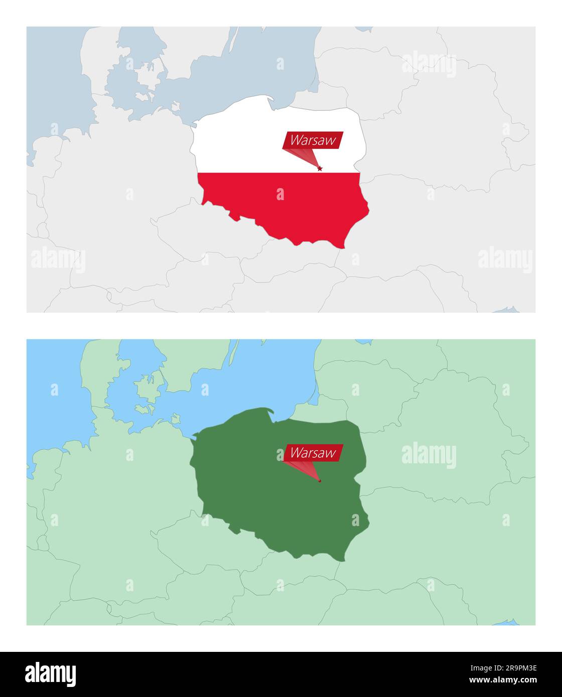 Poland map with pin of country capital. Two types of Poland map with ...