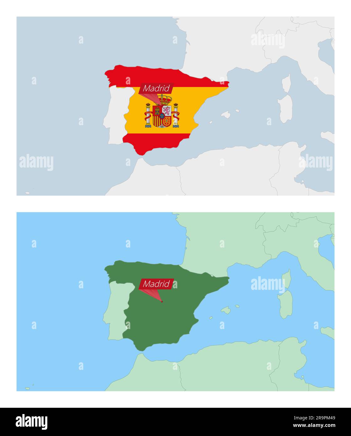Spain map with pin of country capital. Two types of Spain map with ...