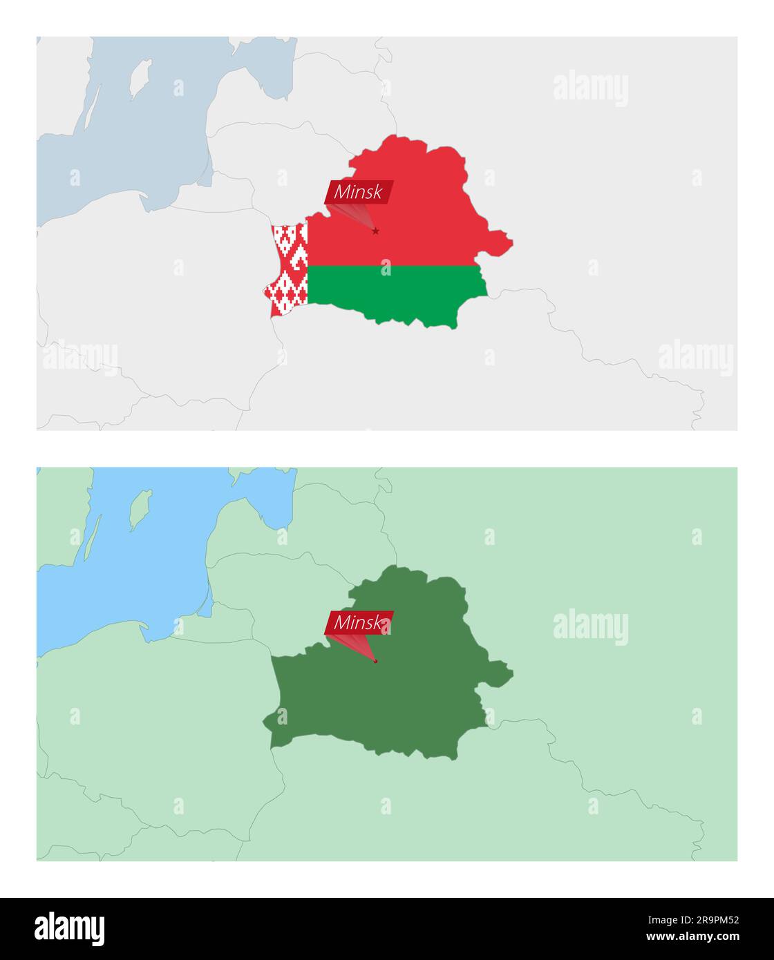 Belarus map with pin of country capital. Two types of Belarus map with ...