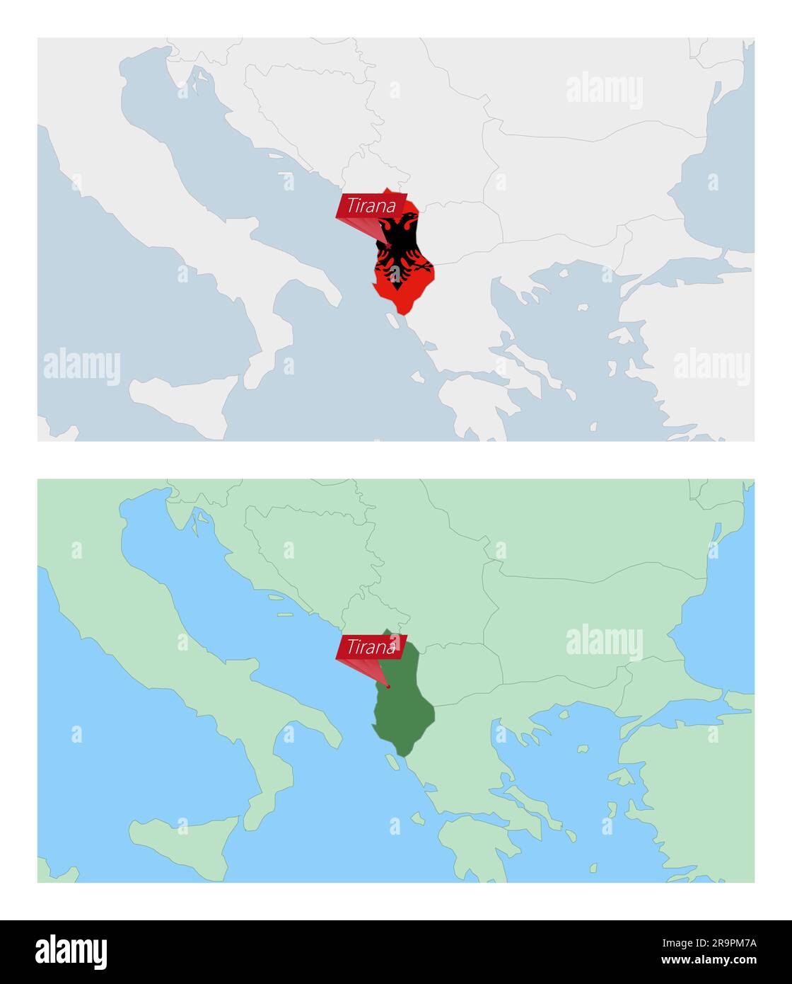 Albania map with pin of country capital. Two types of Albania map with ...