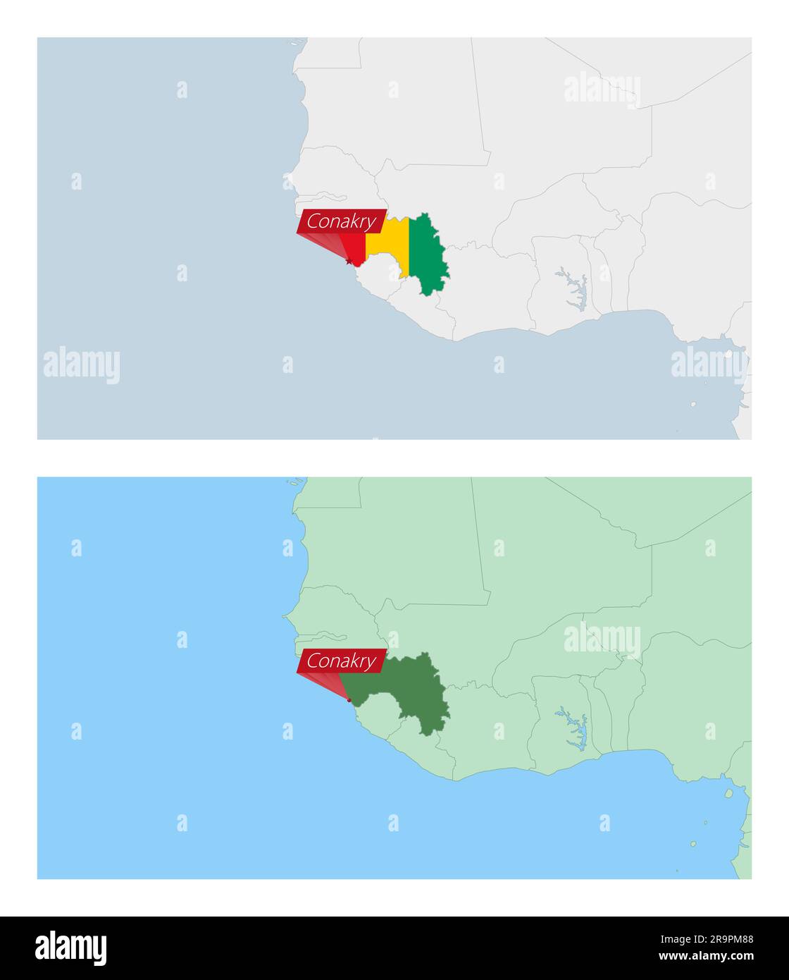 Guinea map with pin of country capital. Two types of Guinea map with ...