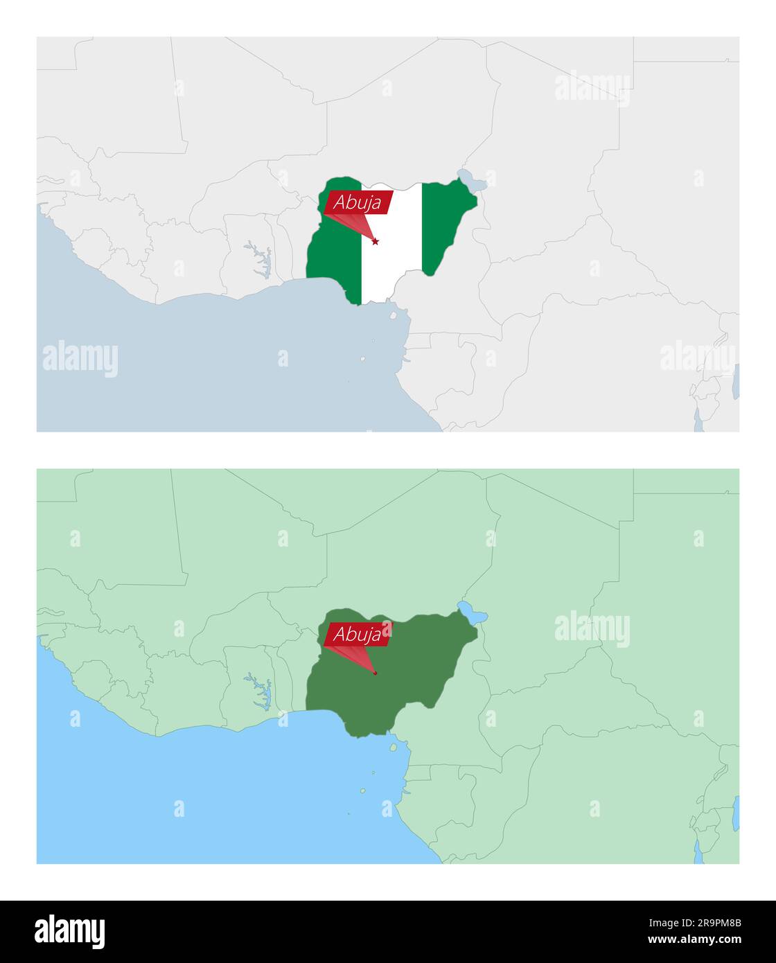 Nigeria map with pin of country capital. Two types of Nigeria map with ...