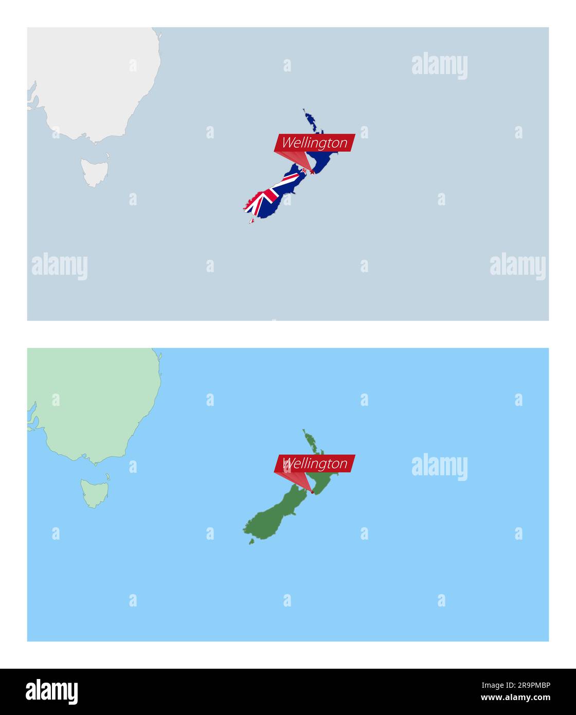 New Zealand map with pin of country capital. Two types of New Zealand ...
