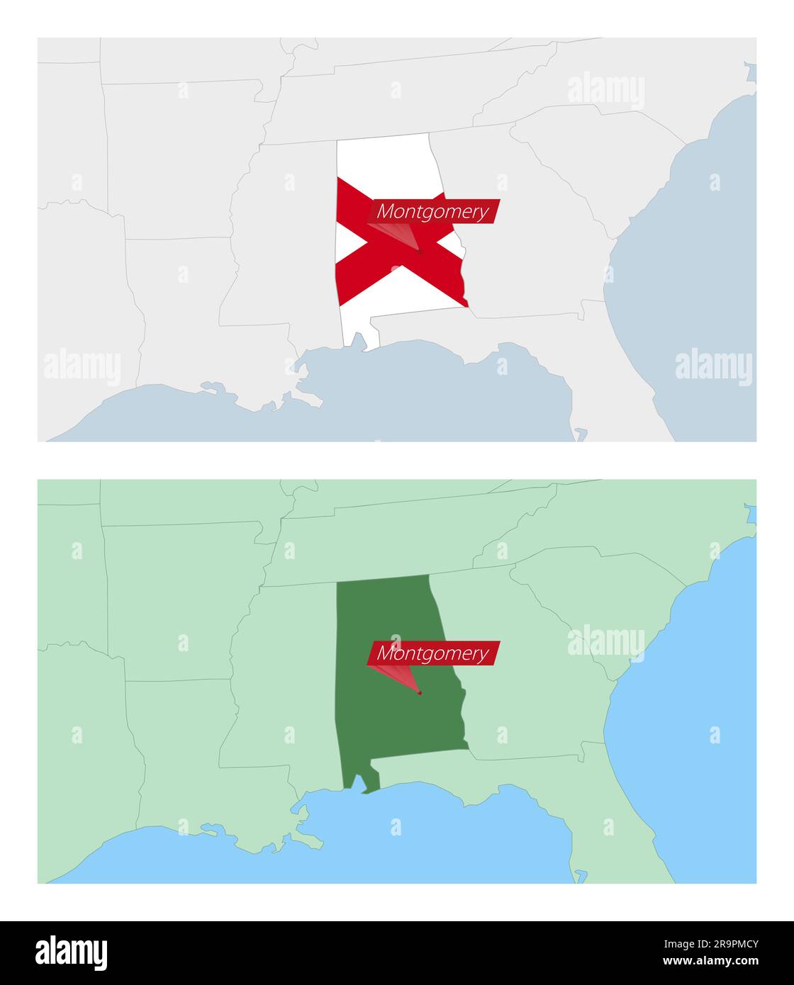 Alabama map with pin of country capital. Two types of Alabama map with ...