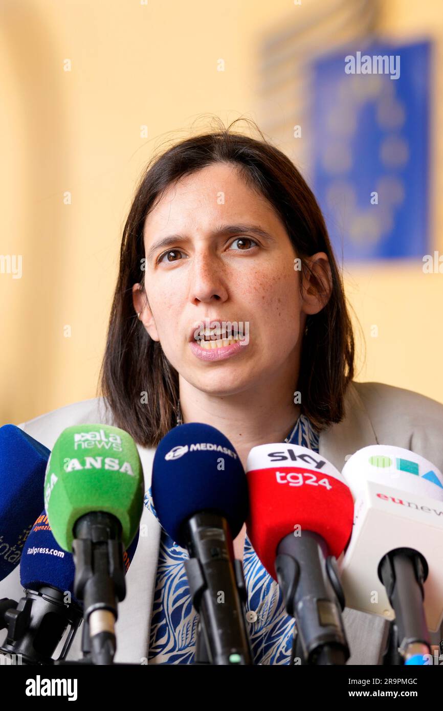 Leader of Italy's Democratic Party Elly Schlein speaks with journalists ...