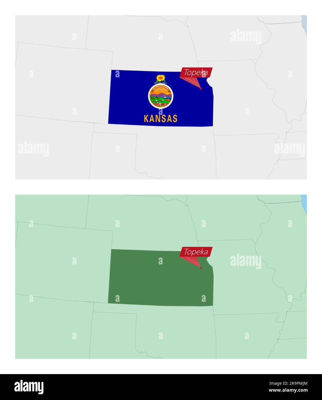 Kansas map with pin of country capital. Two types of Kansas map with ...