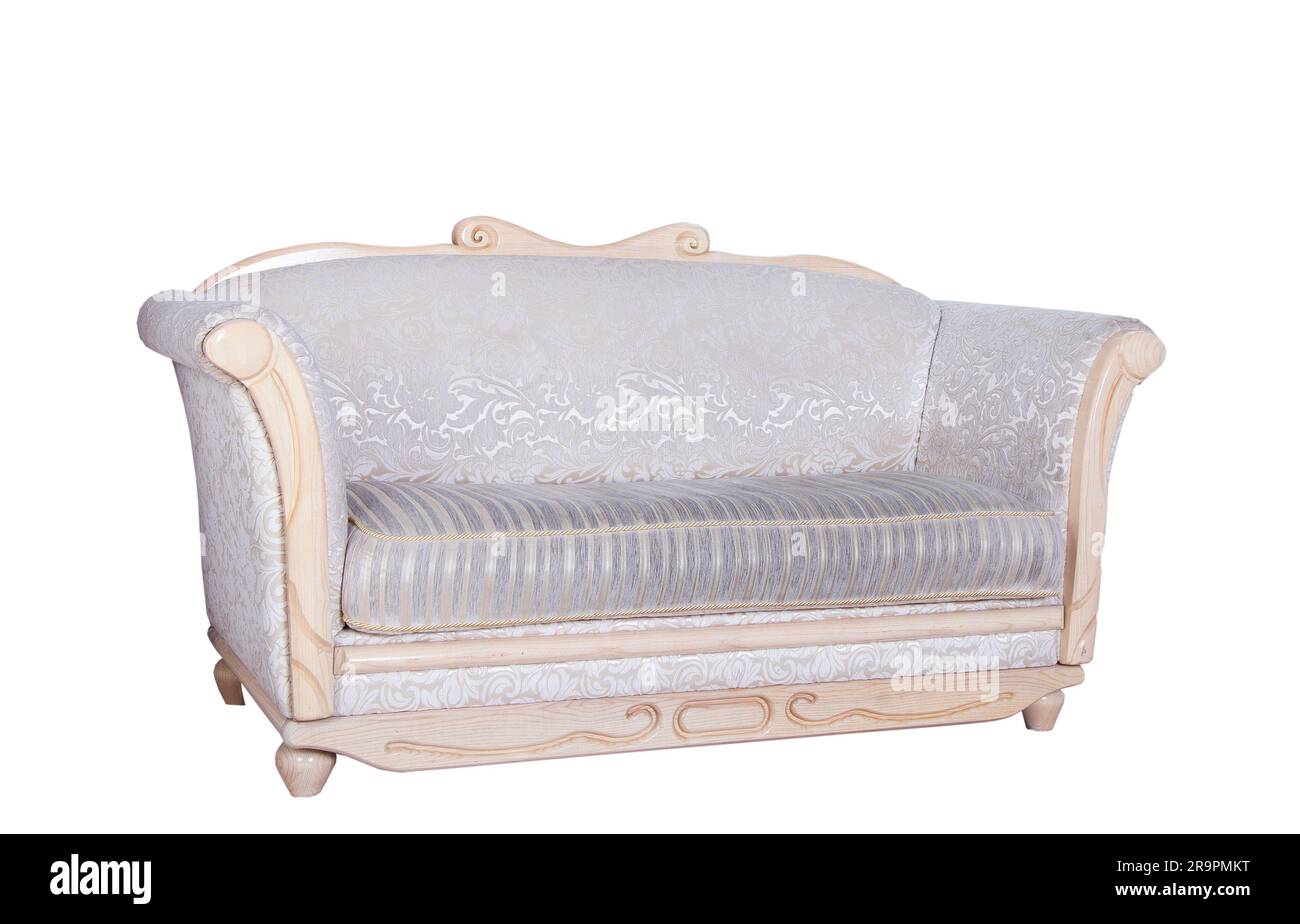 Old sofa isolated on white background. Armchair with wooden planks ...