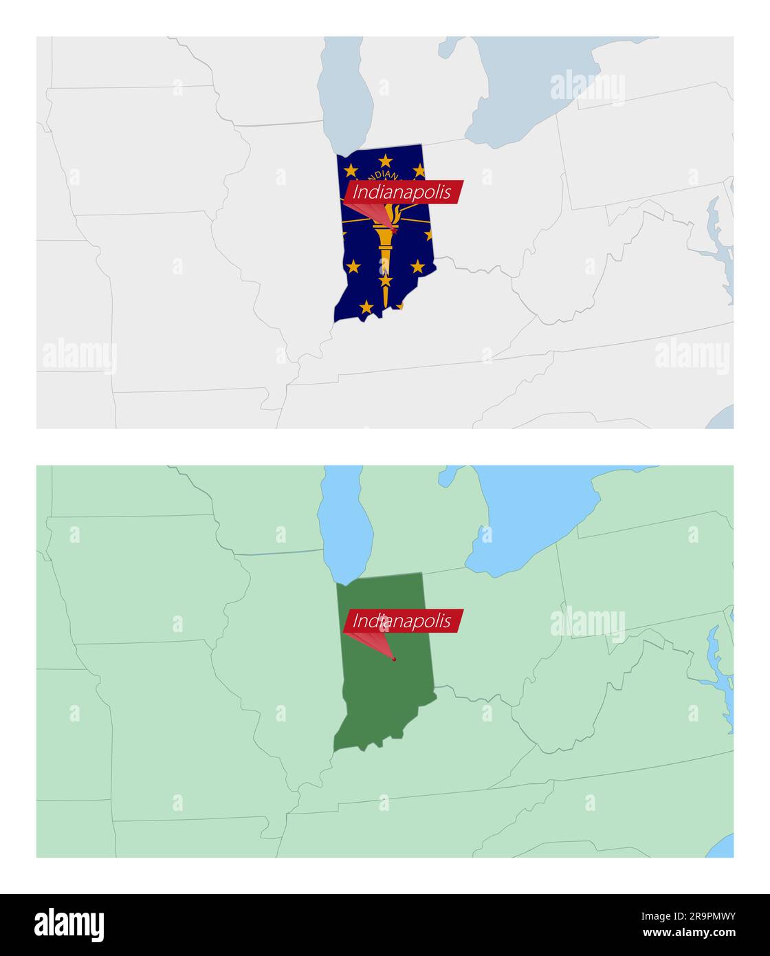 Indiana map with pin of country capital. Two types of Indiana map with ...