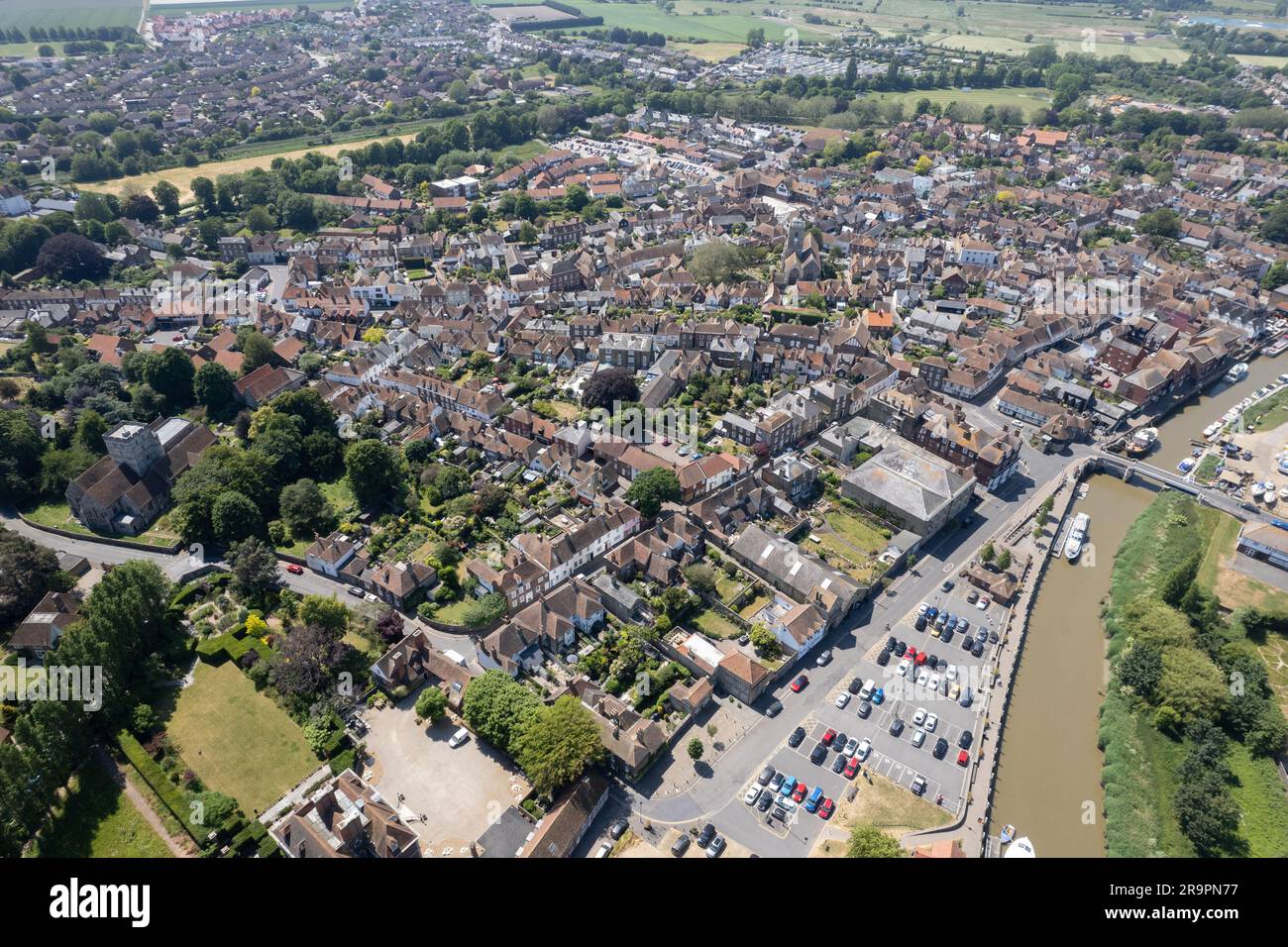 Drone aerial scenery of Sandwich village in Kent United Kingdom. Top ...