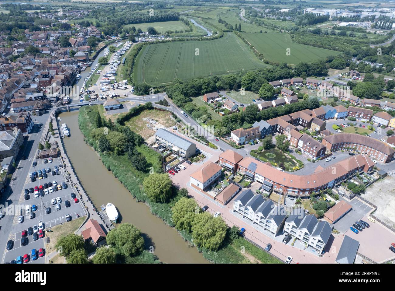 Drone aerial scenery of Sandwich village in Kent United Kingdom. Top ...