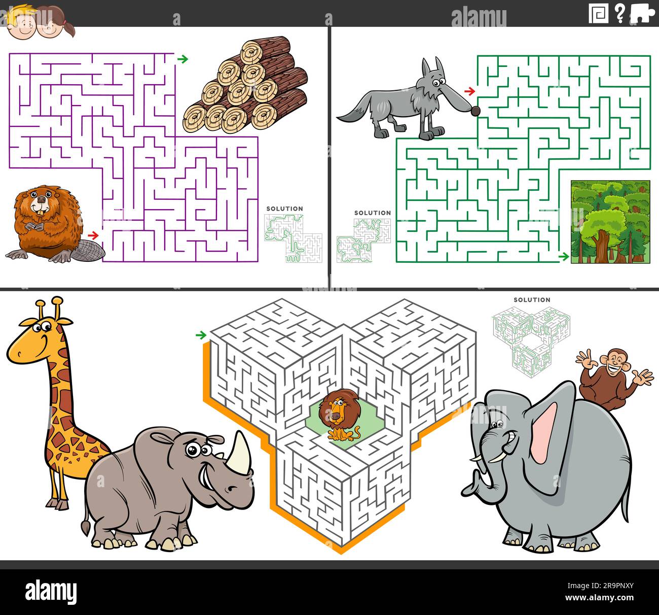 Cartoon illustration of educational maze puzzle games set with funny ...