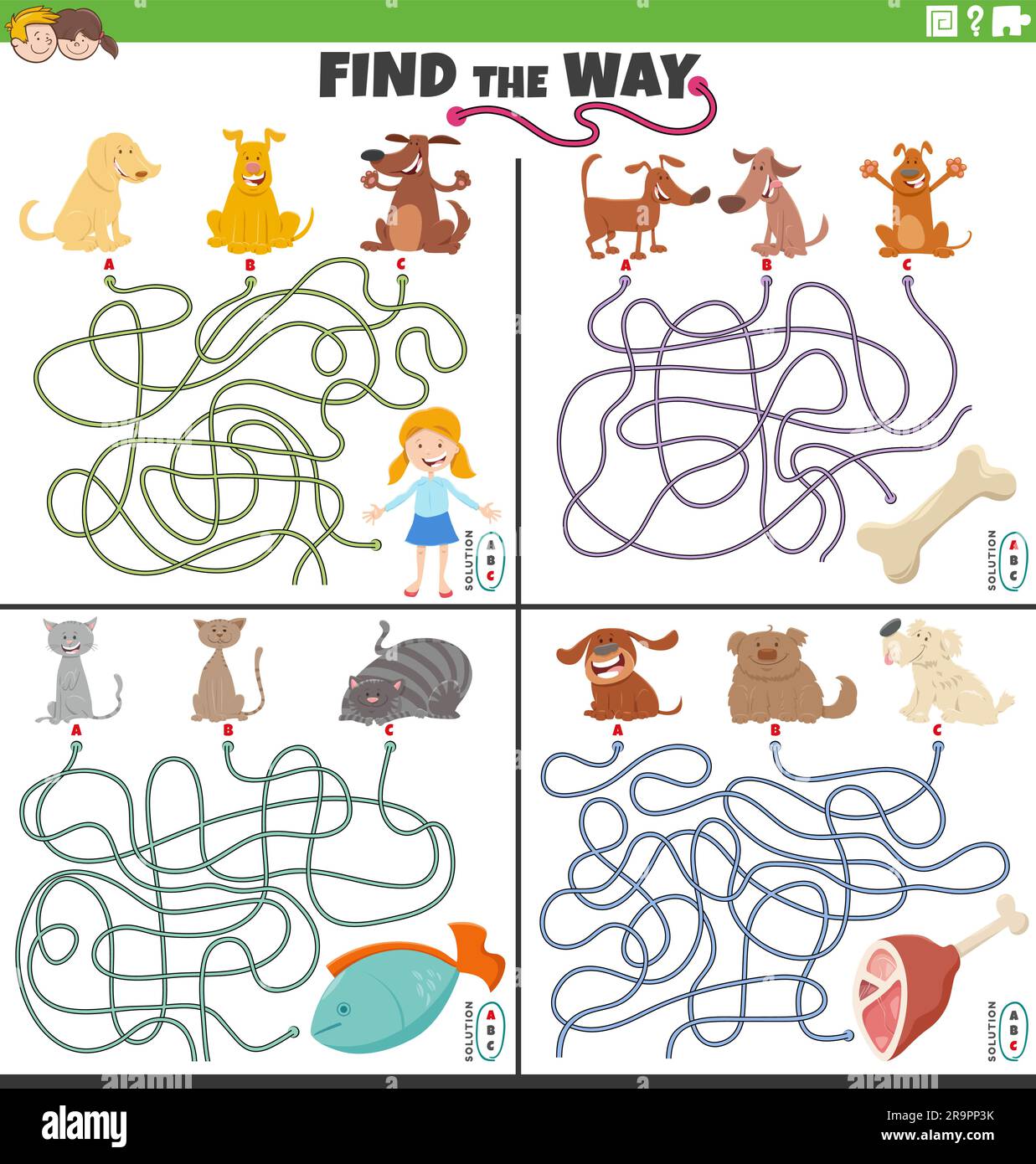 Cartoon illustration of find the way maze puzzle games set with comic ...