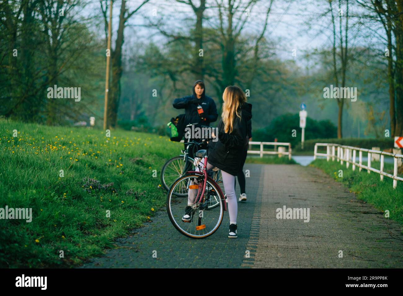 Group of cyclists makings stop in the park during bike trip Stock Photo ...