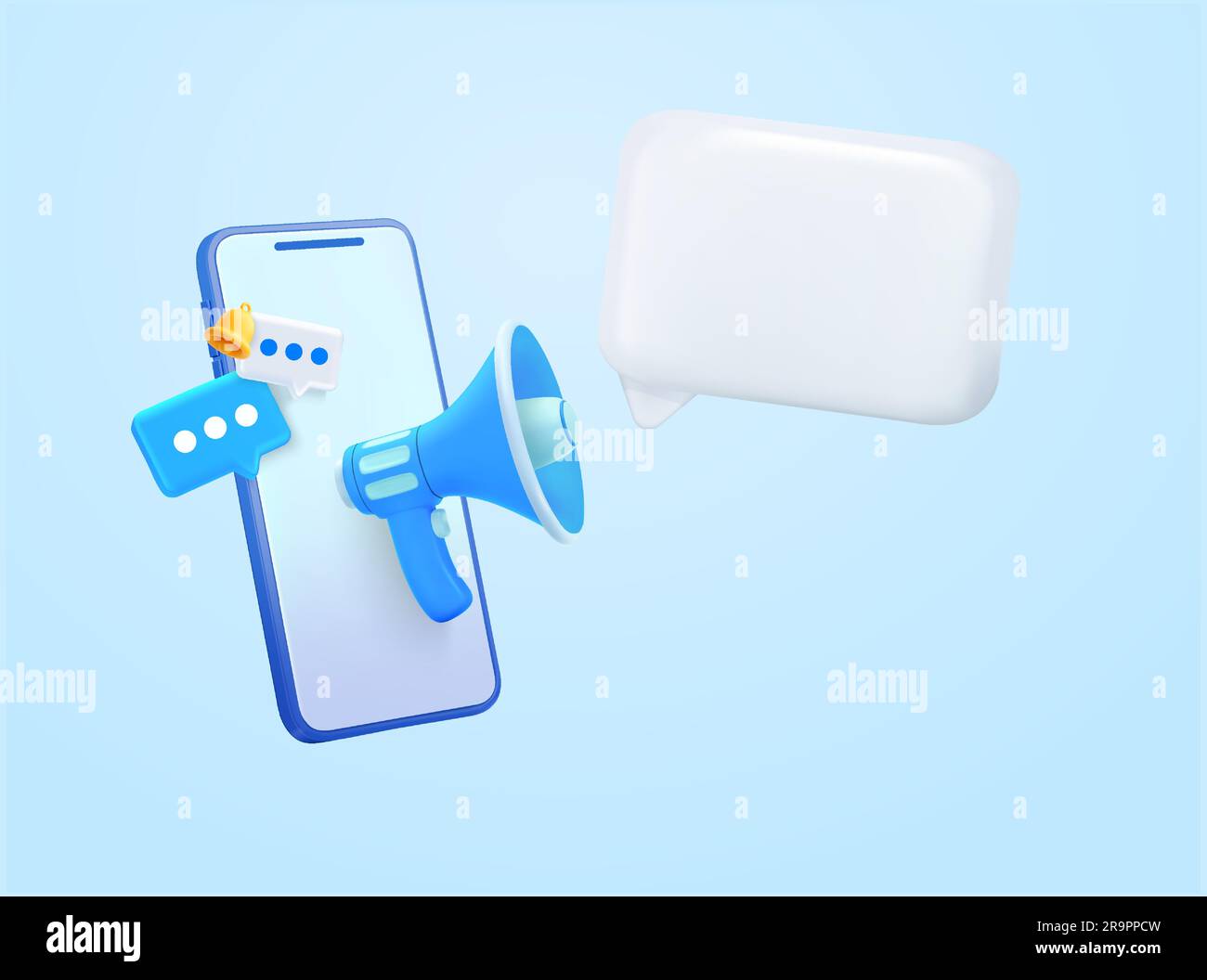 3d smartphone with bullhorn or mega phone, chat or message bubble ...