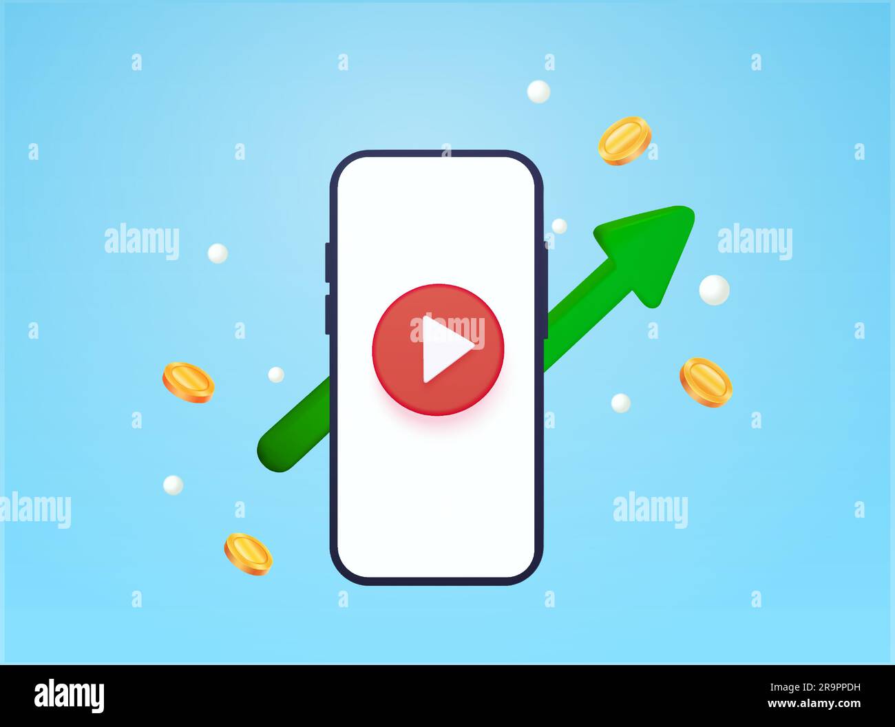 3d phone with video or media play button, growth chart arrow, coins ...