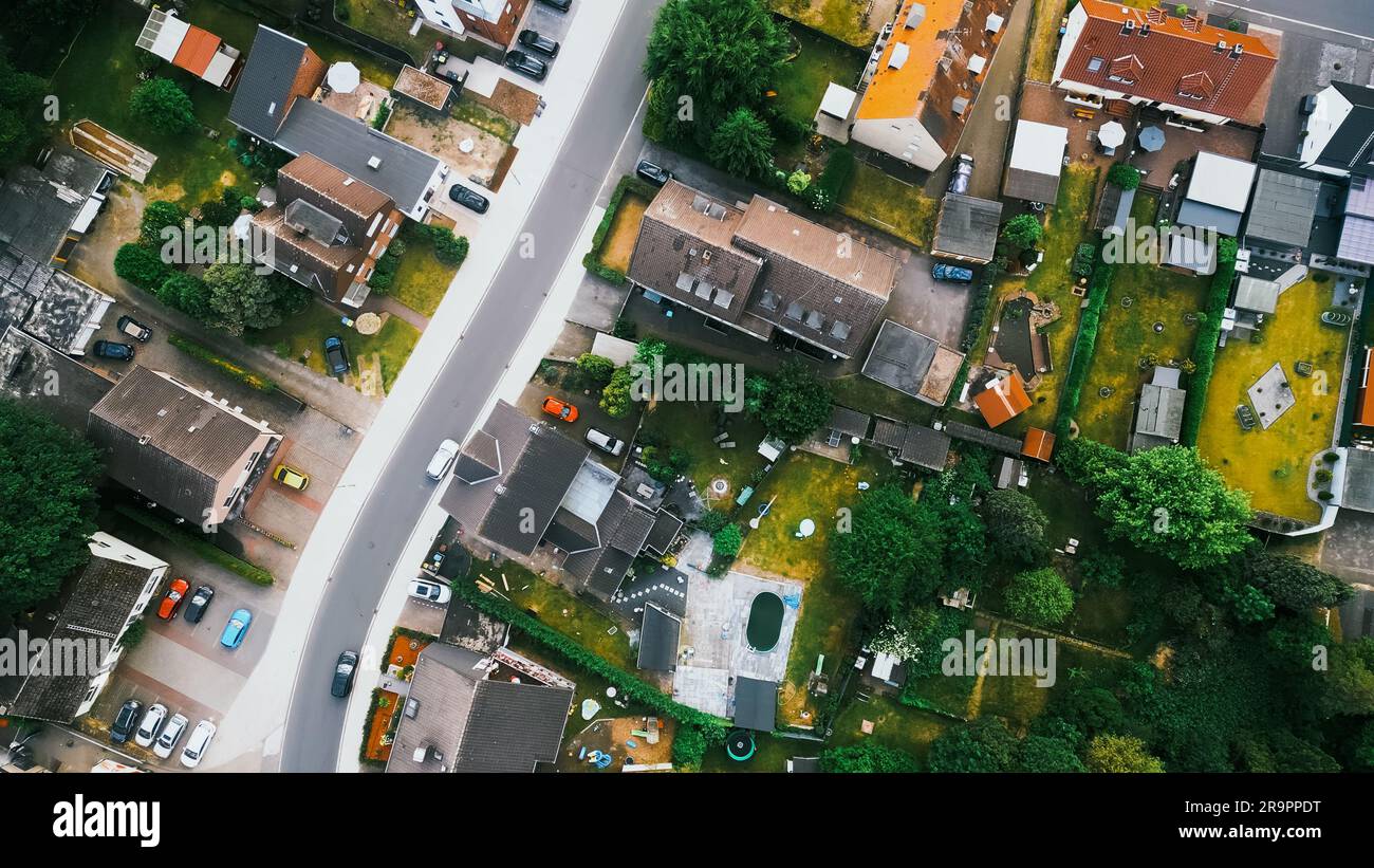 Scenic landscape from above aerial view of houses in small town in ...