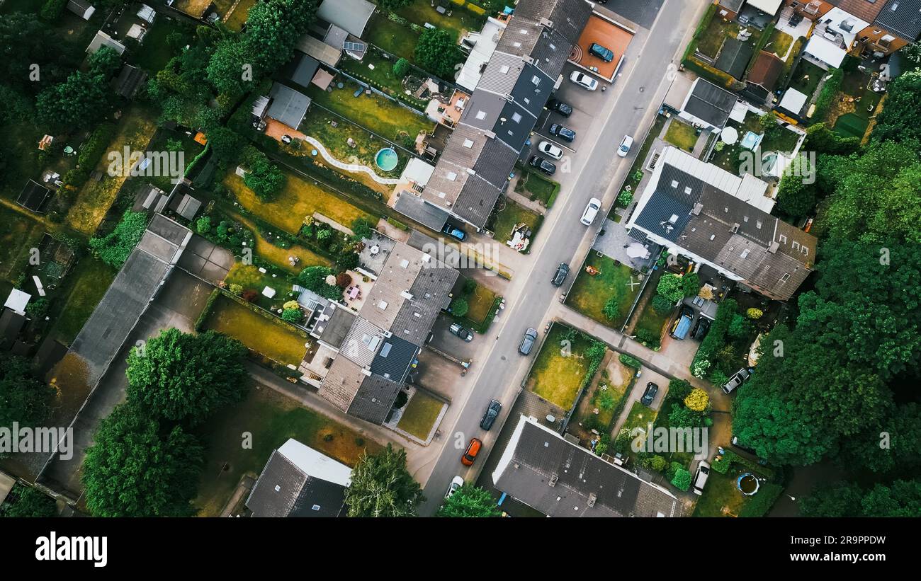 Scenic landscape from above aerial view of houses in small town in ...