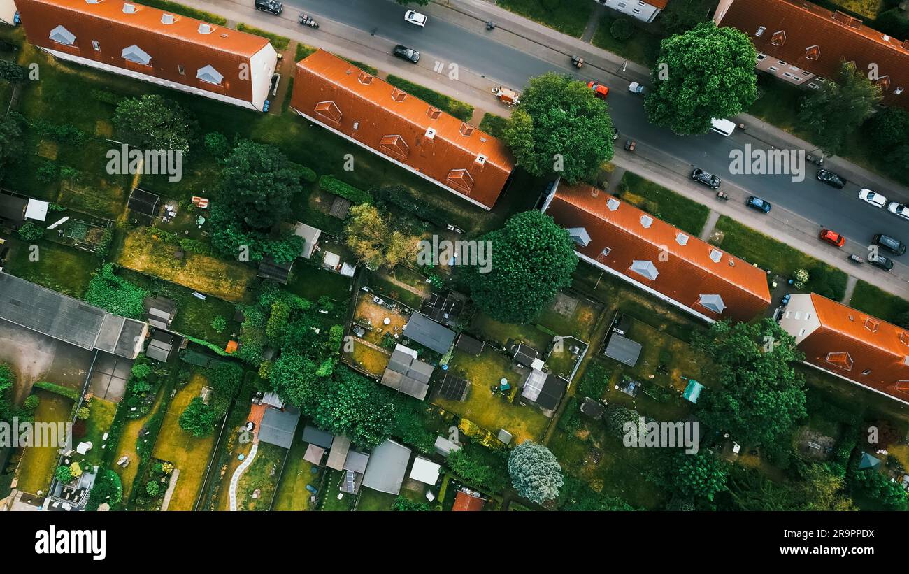 Scenic landscape from above aerial view of houses in small town in ...