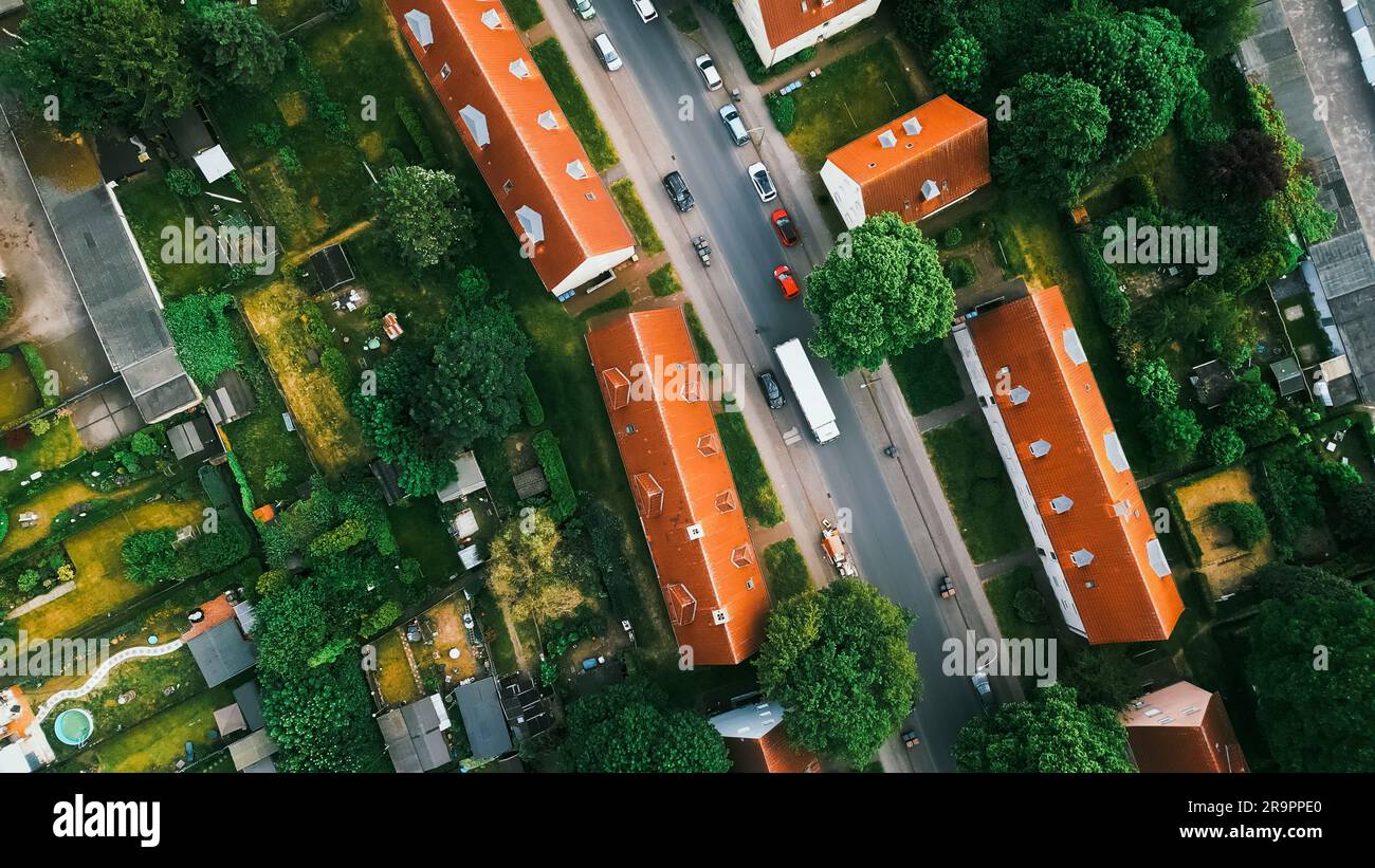Scenic landscape from above aerial view of houses in small town in ...