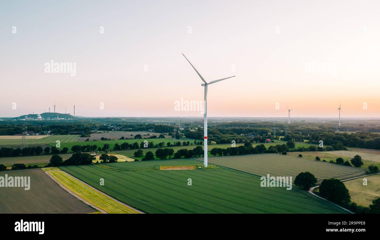 Large wind turbines with blades in field aerial view and sunset blue ...
