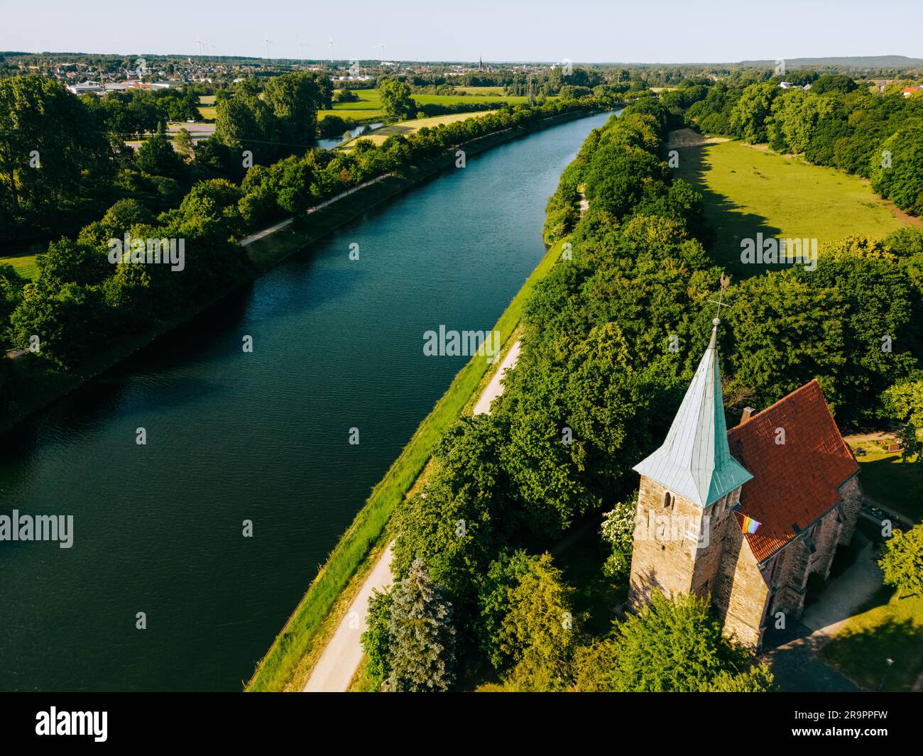 Summer aerial drone view landscape navigable river with bridges ...