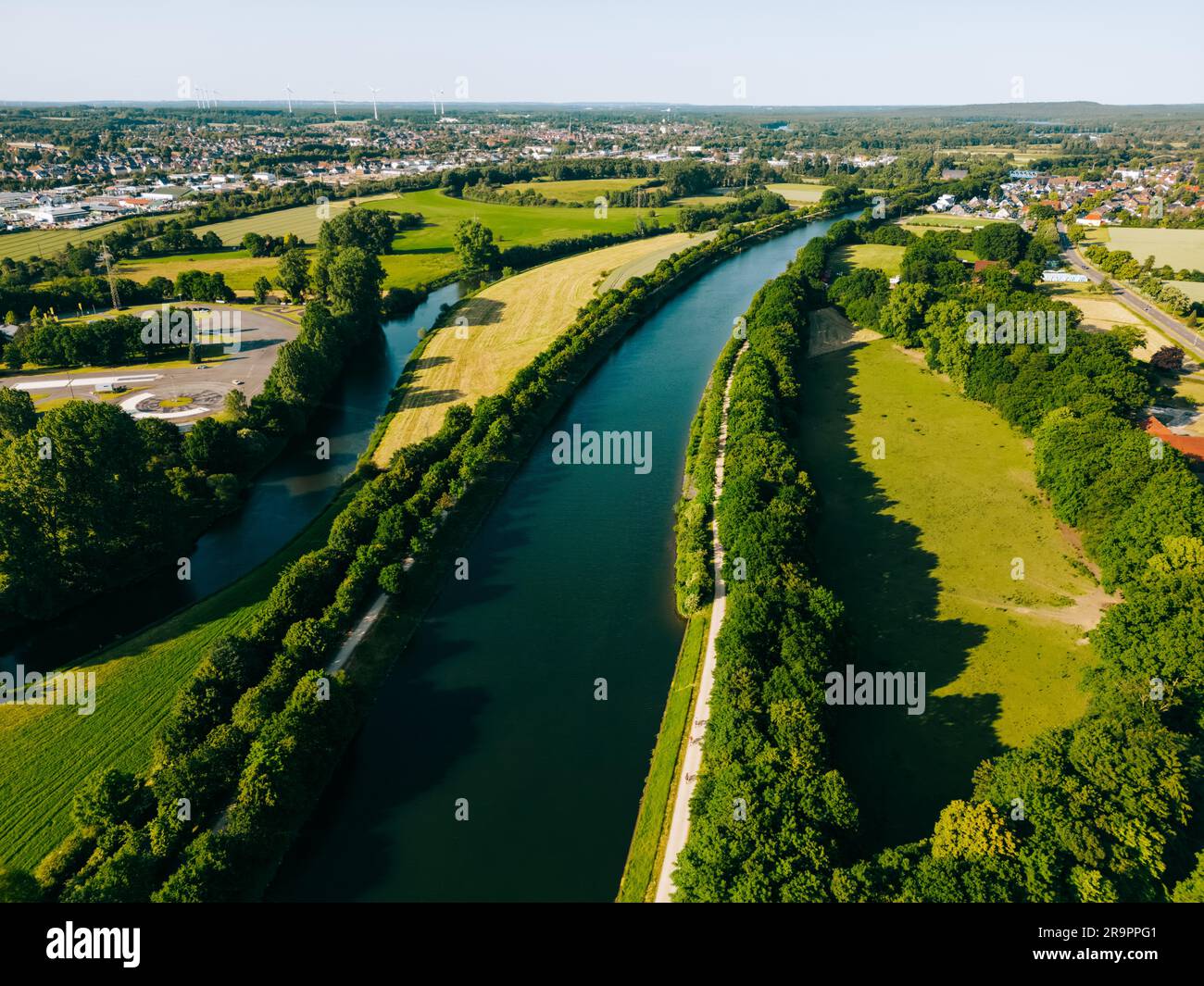 Summer aerial drone view landscape navigable river with bridges ...