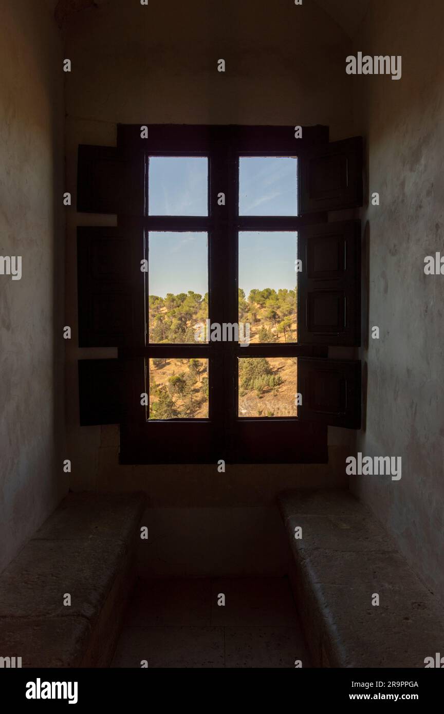 wooden window with a view of the mountains outside Stock Photo - Alamy