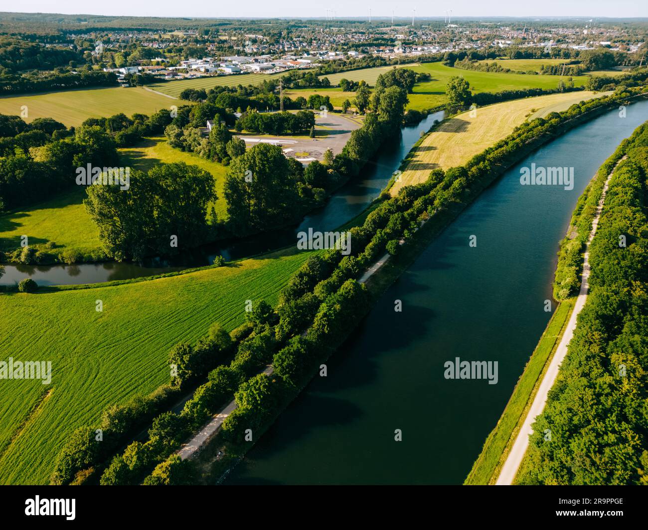 Summer aerial drone view landscape navigable river with bridges ...