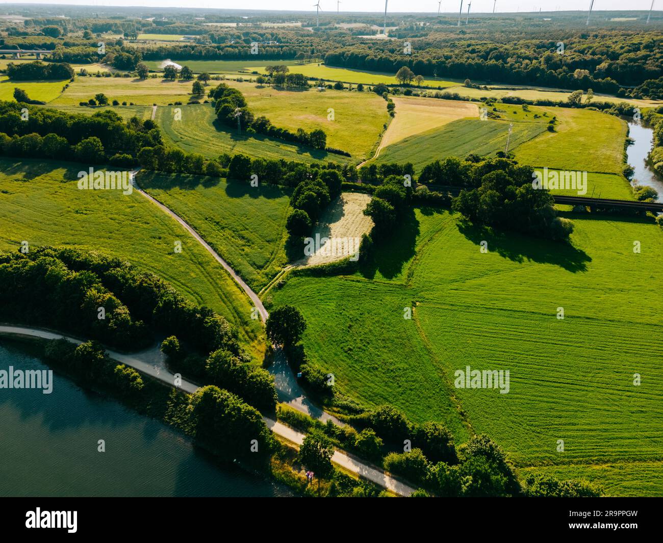 Summer aerial drone view landscape navigable river with bridges ...