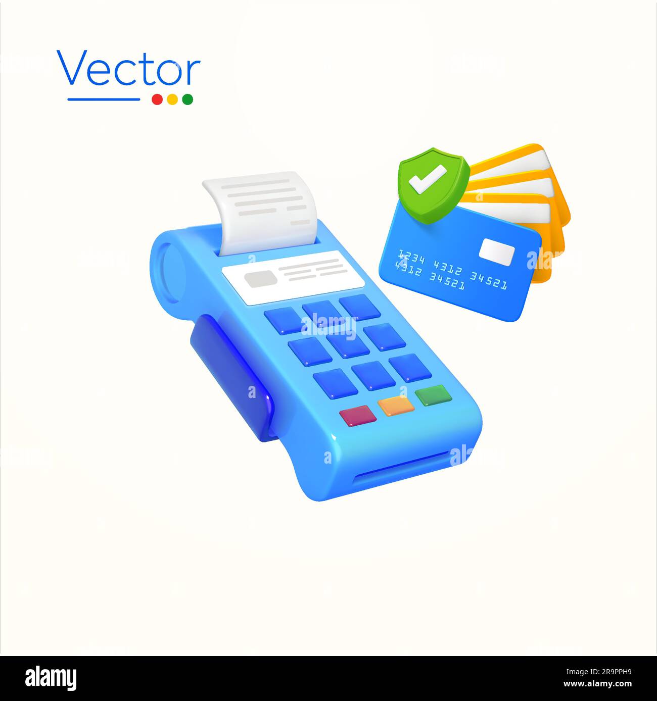 3d pos terminal device with banking credit cards, green checkmark, isolated on background ...