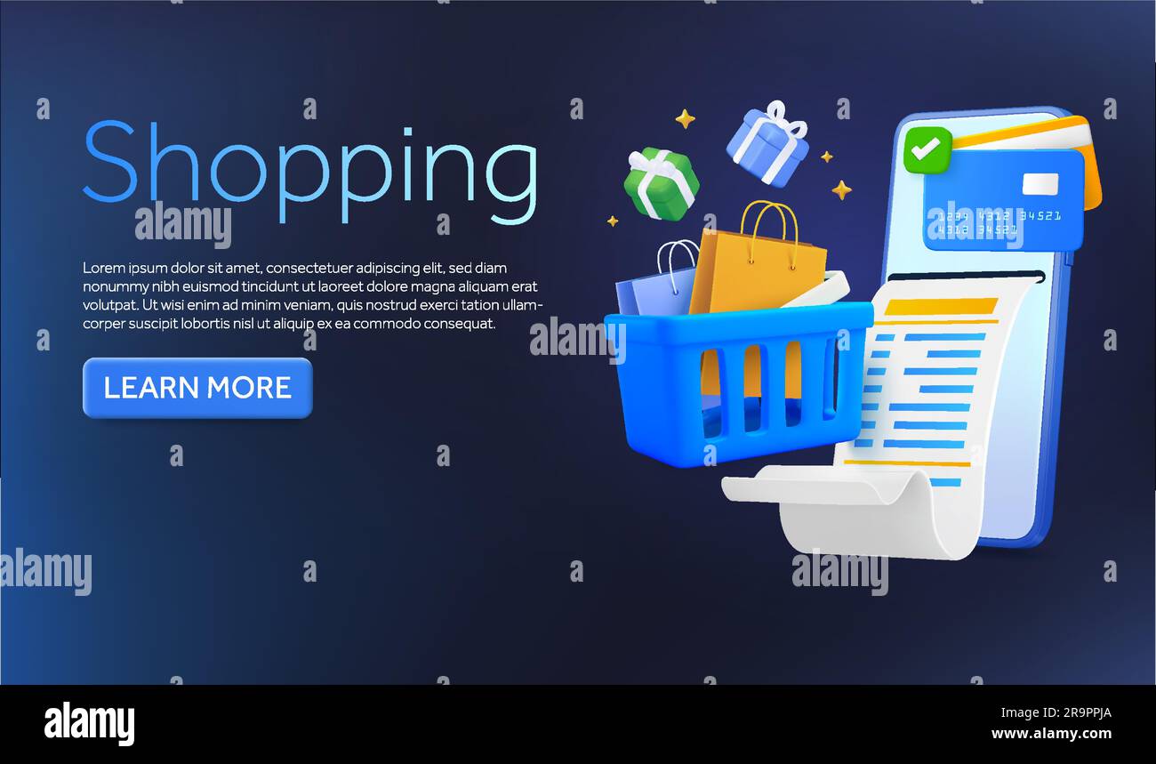 3d shopping bags with gift boxes, smartphone, printing bill, banking ...