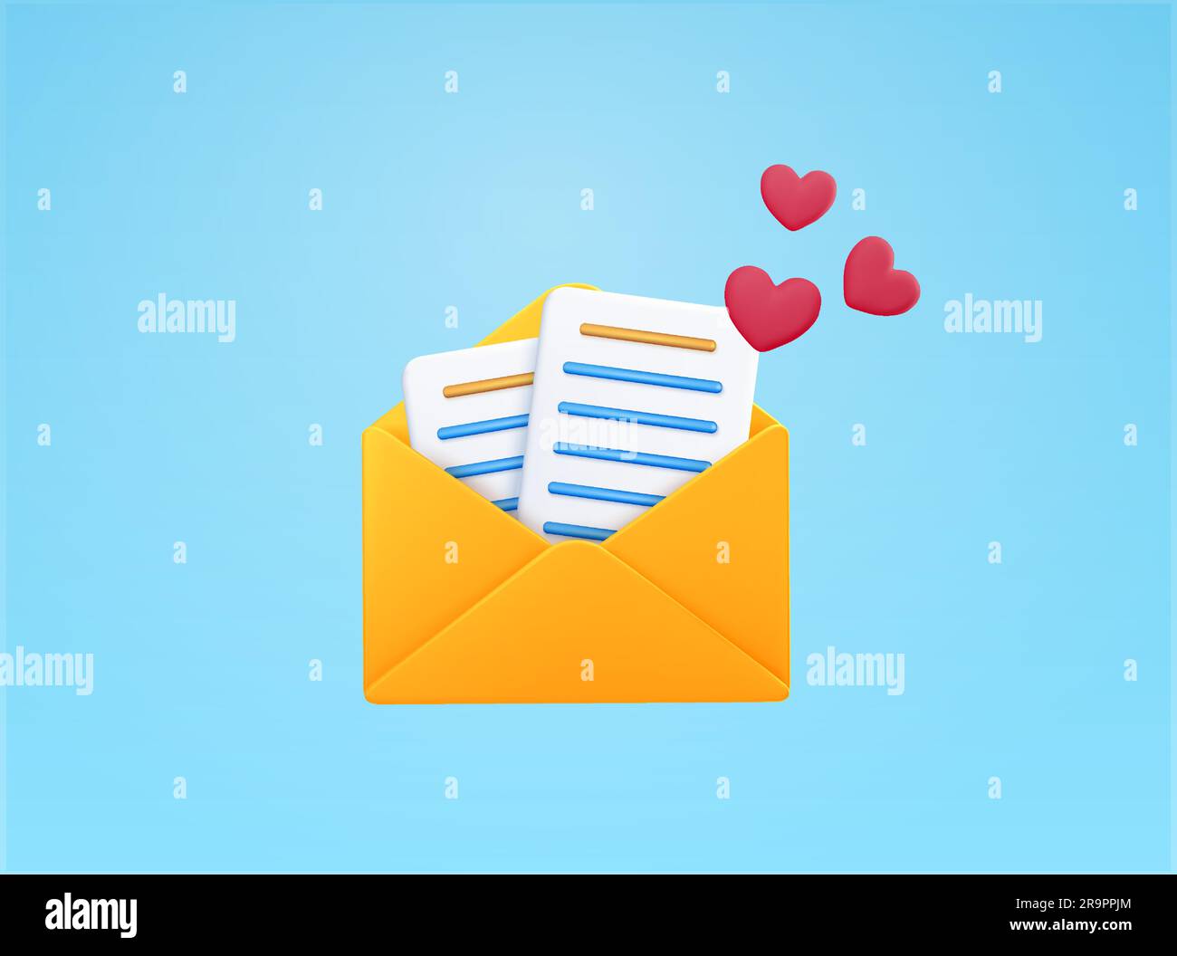 3d opened envelop with letters and hearts, isolated on background ...