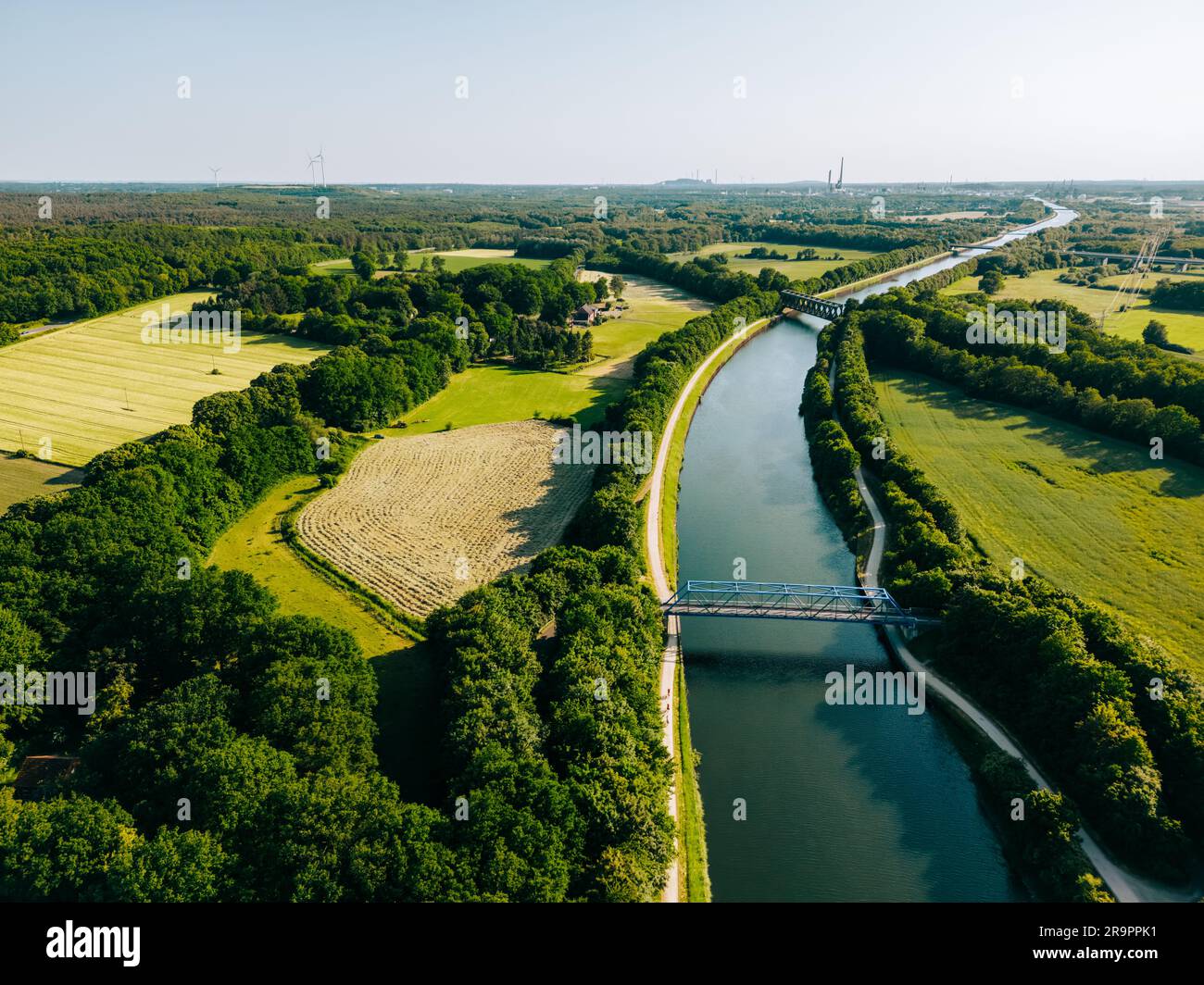 Summer aerial drone view landscape navigable river with bridges ...