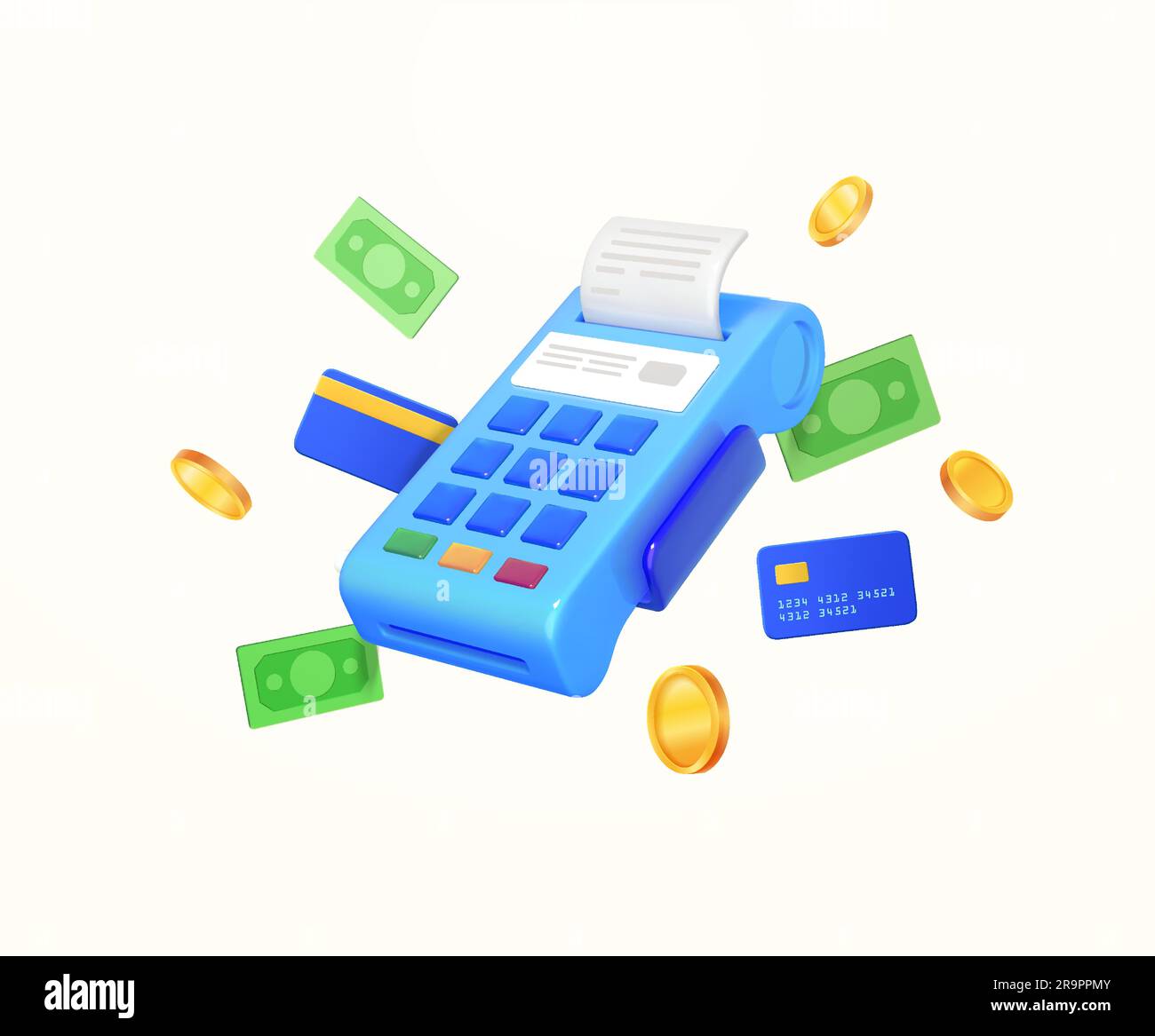 3d pos terminal device with banking credit cards, dollars, coins, isolated on white background ...