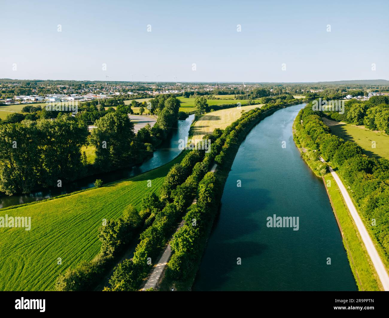 Summer aerial drone view landscape navigable river with bridges ...