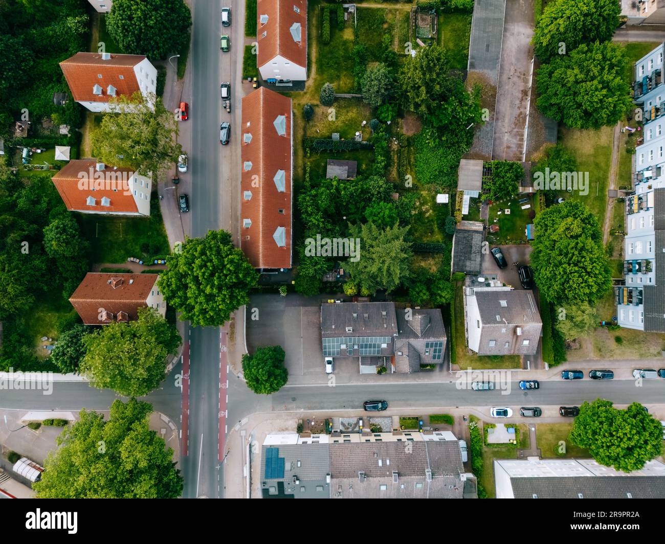 Scenic landscape from above aerial view of houses in small town in ...
