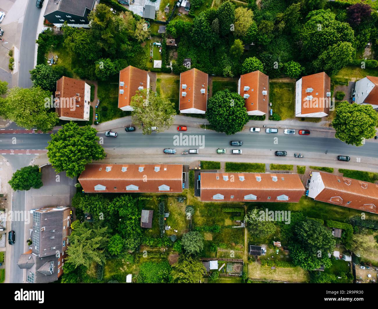 Scenic landscape from above aerial view of houses in small town in ...